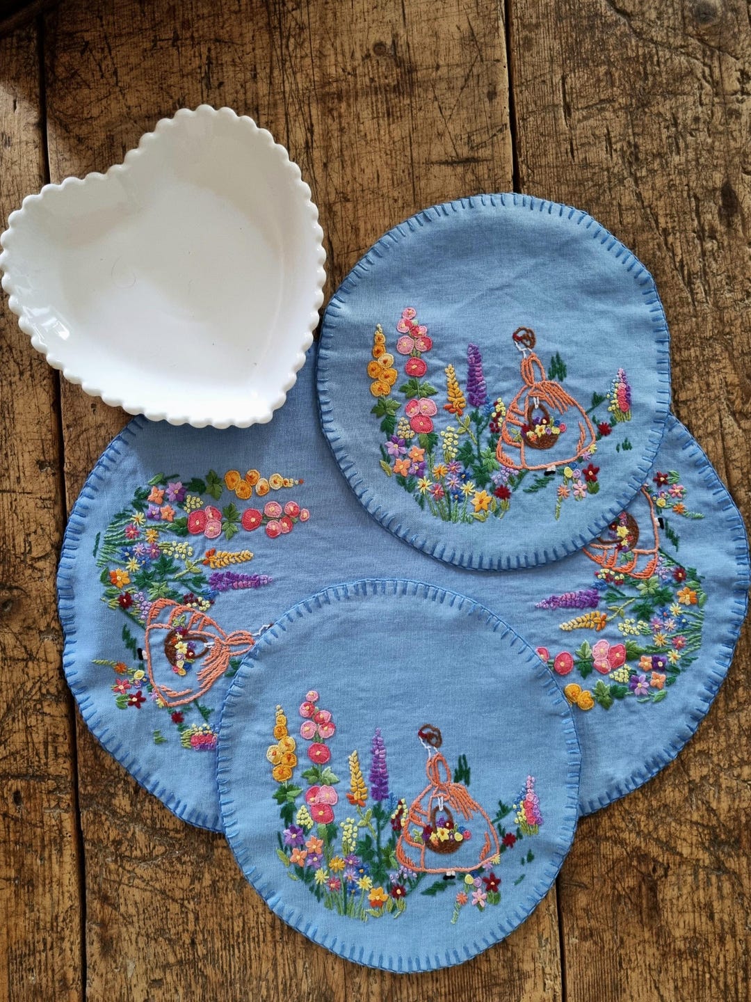 3 Hand Embroidered Table Mats With Garden Flowers 2 Small 1 Large ...