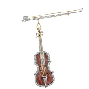 Platinum 18 Karat Yellow Gold & Diamond Violin and Bow Brooch - Etsy