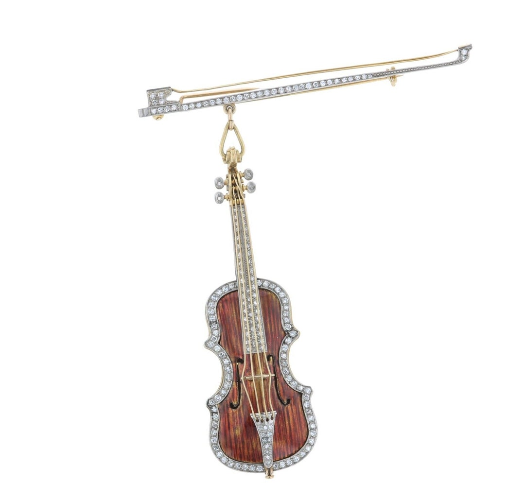 Platinum 18 Karat Yellow Gold & Diamond Violin and Bow Brooch - Etsy