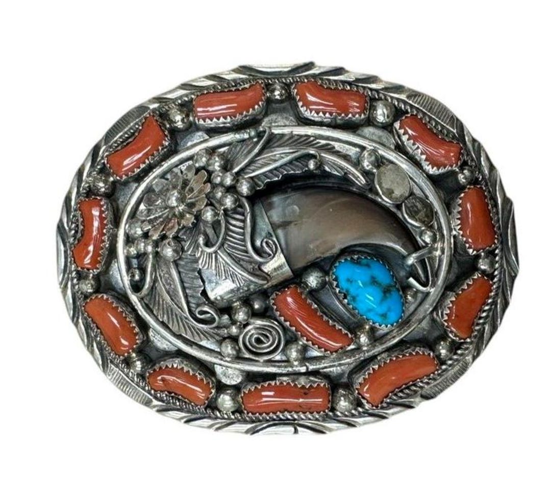 Sterling Silver, Coral, and Turquiose Bear Claw Belt Buckle - Etsy