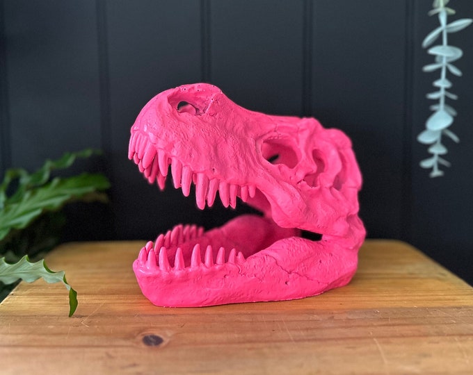 Funky Neon Pink T-rex Dinosaur Skull Table Decor Desk Ornament Quirky ...