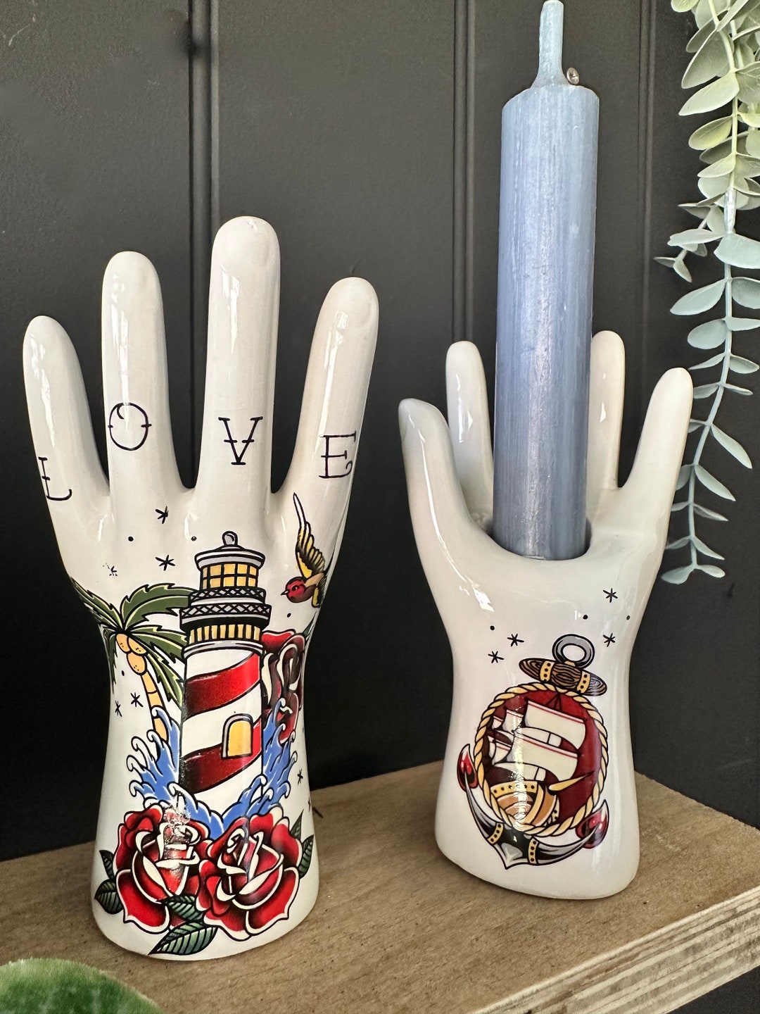 Small Quirky Ceramic Tattoo Palmistry Ship or Lady Hand Candle Holder ...