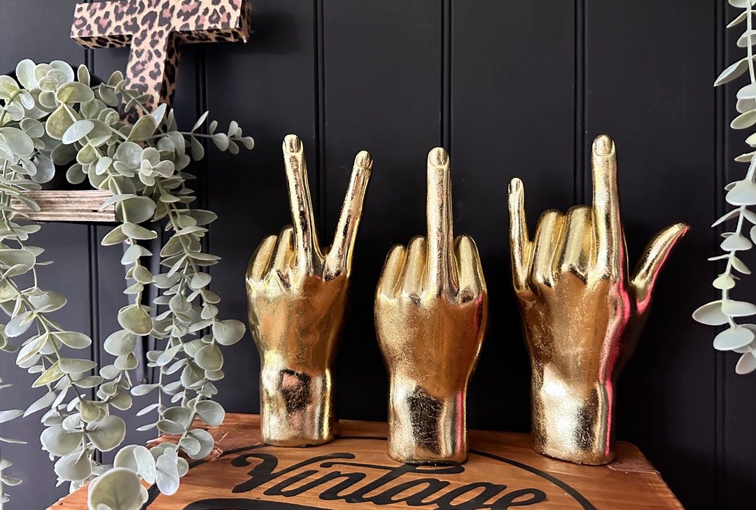 Gold Hand Gesture Ornament: Quirky Eclectic Decor | Peace Hand | Rock ...