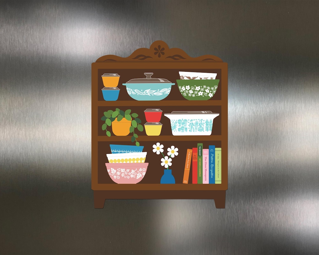 Vintage Bookshelf Magnet: Retro Pyrex Bowls, Mid-century Kitchen Decor ...