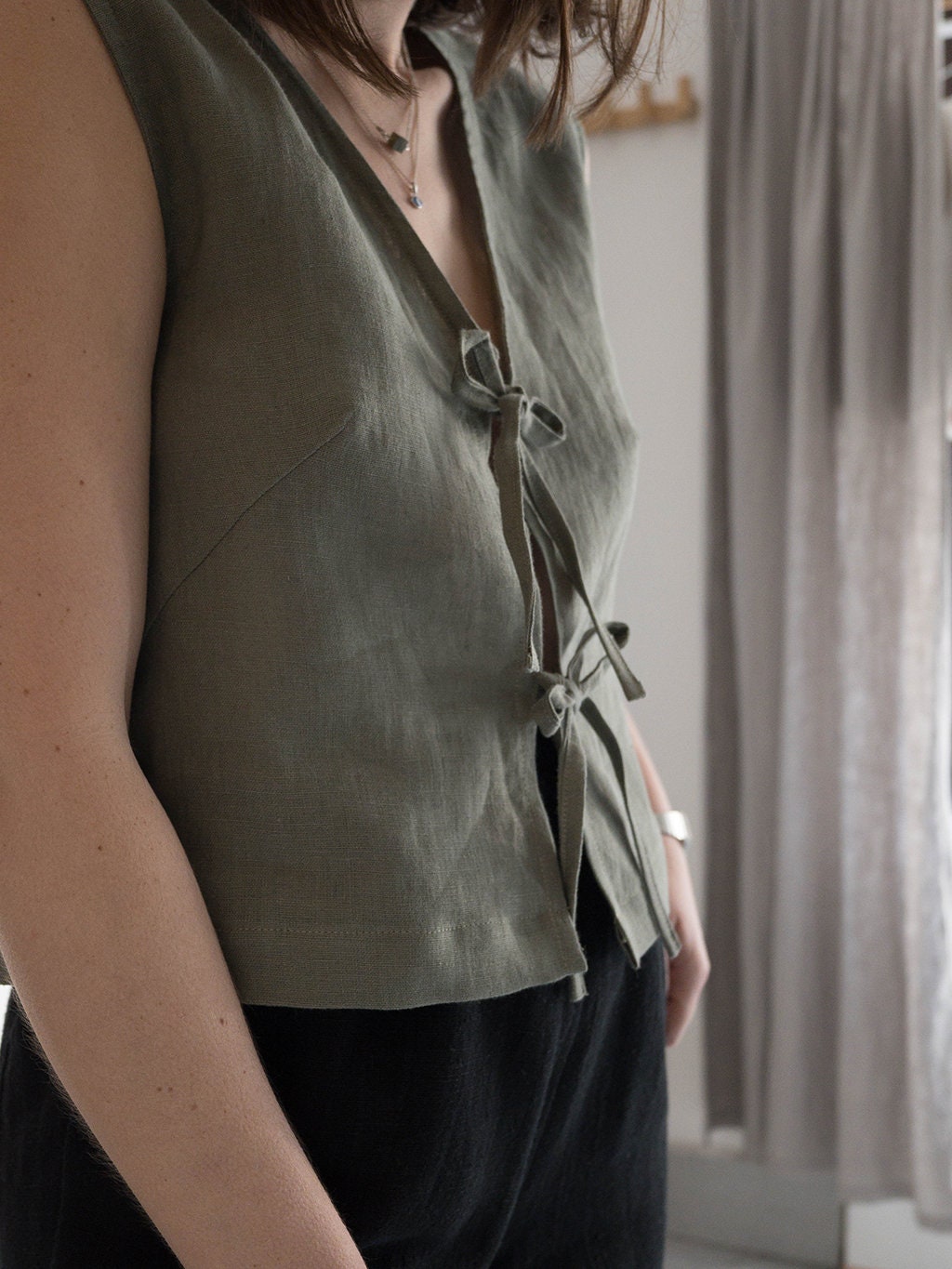 Linen Front Tie Crop Top Linen Crop Top With Ties Tied Up Front Top Etsy