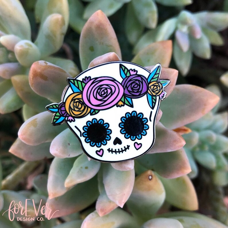 Sugar Skull With Flower Crown Hard Enamel Pin - Etsy Canada