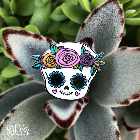 Sugar Skull With Flower Crown Hard Enamel Pin | Etsy