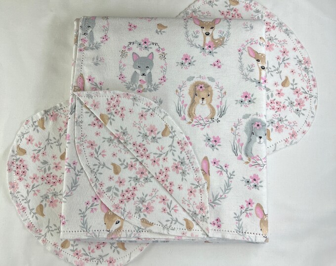 Fox, Squirrel, Deer, Bird Hemstitch Flannel Baby Blanket and Burp Cloth ...