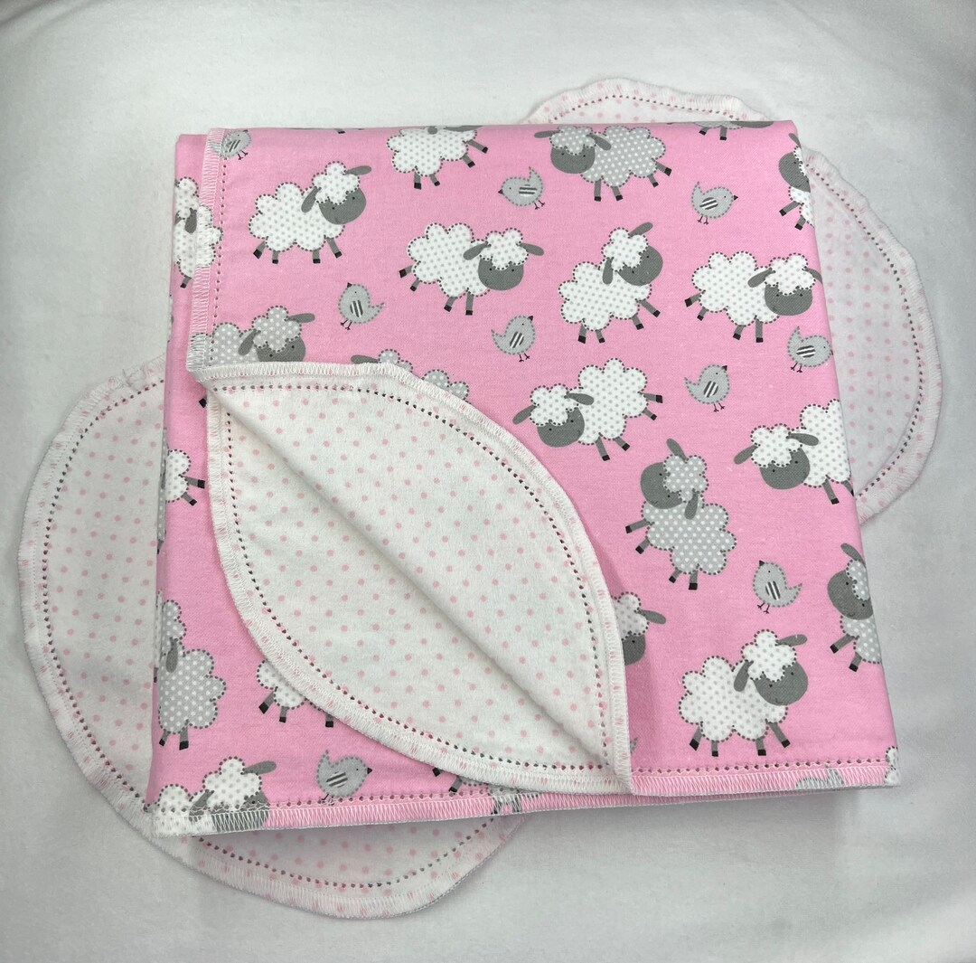 Farm Grey White Lamb on Pink Bird Polka Dot Hemstitch Flannel Baby ...