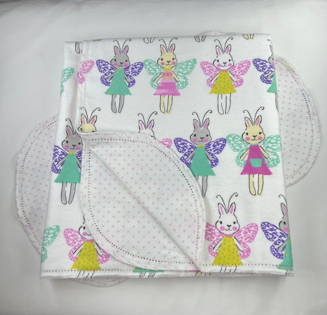 Bunny Rabbit Angel Wings on White Polka Dot Hemstitch Flannel Baby ...
