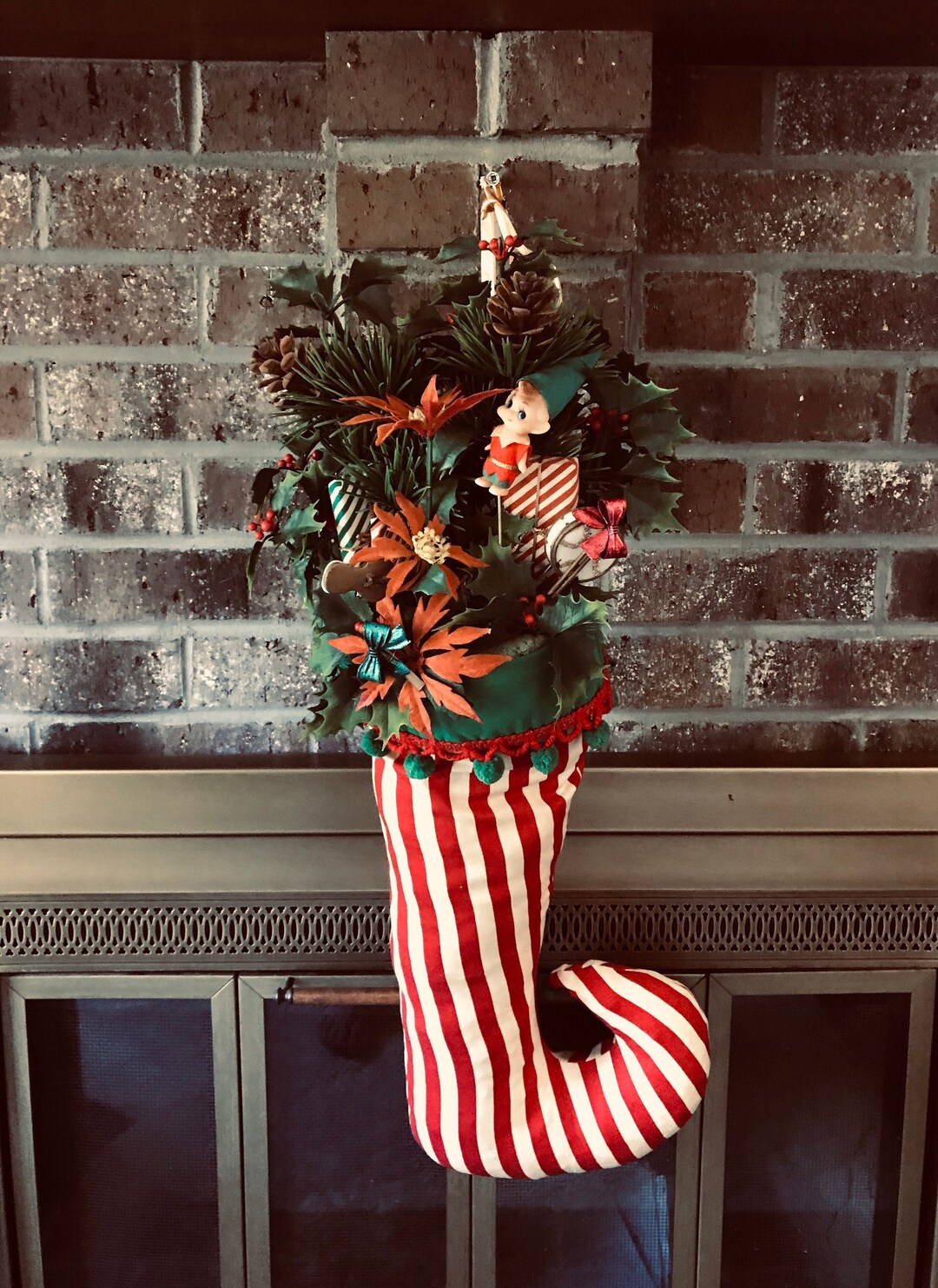 Vintage Christmas Stocking With Elf Toe Holly and Poinsettia Set of Two ...