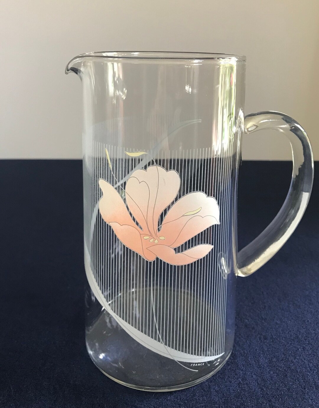 Vintage Glass Pitcher With Pink Flower Cocktail Pitcher Made in France ...