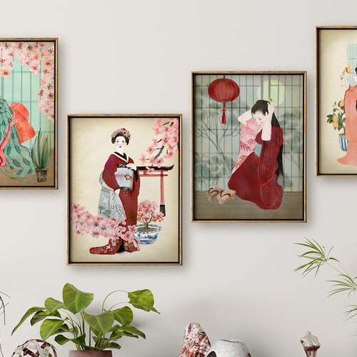 Japanese Woman Kimono Poster Set of 4 Watercolor Japanese | Etsy