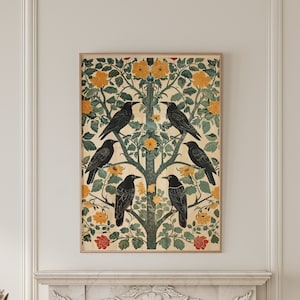 Crow Art, Crows in Floral Tree, Decorative Floral Pattern, Vintage ...
