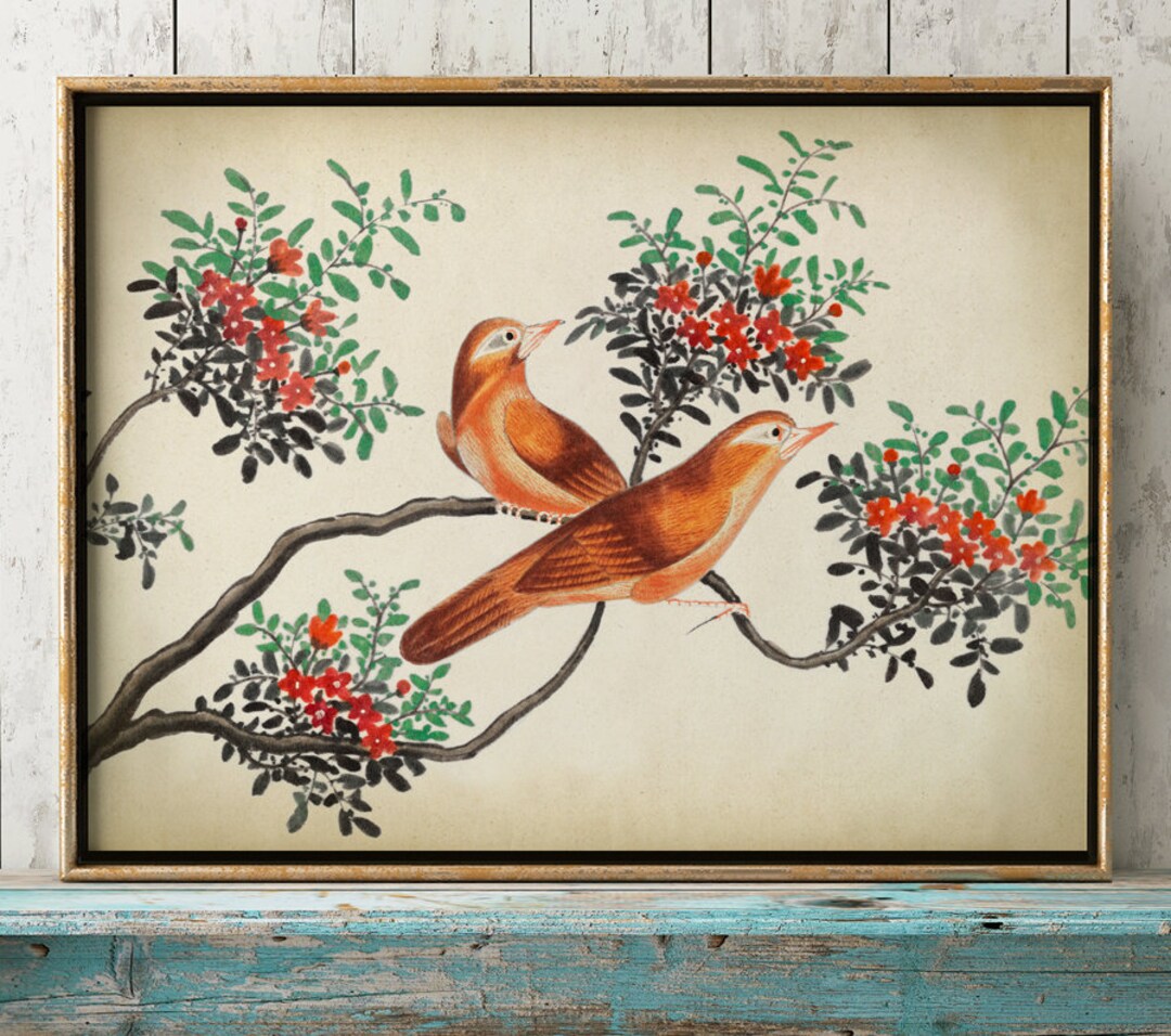 Japanese Songbirds Art Print, Two Birds on a Blossom Branch Poster ...
