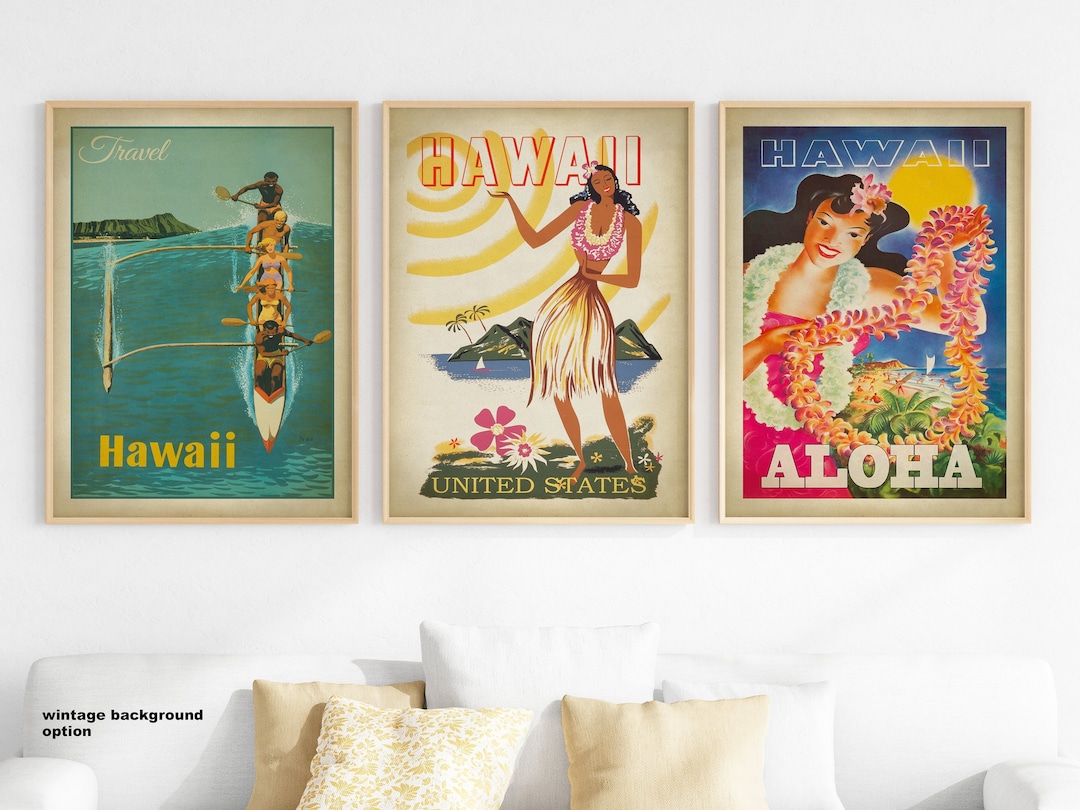 Hawaii Travel Poster Set of 3, Surfing Poster, Hula Girl Poster, Aloha ...