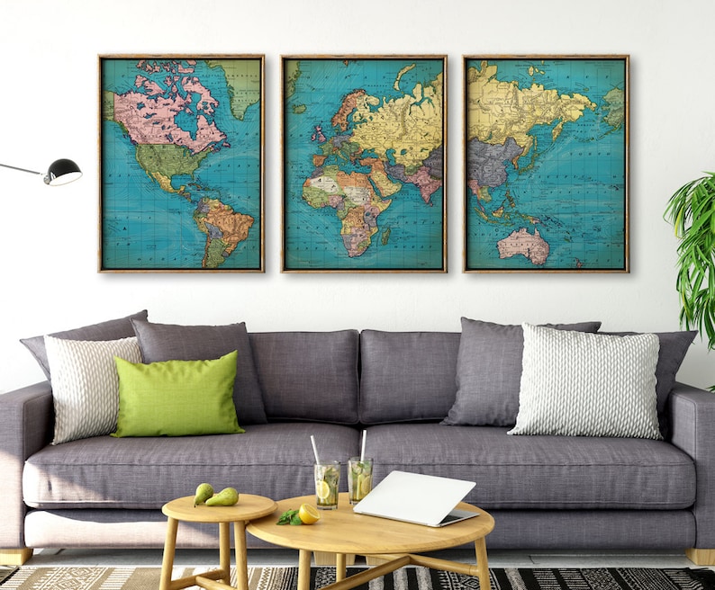 WORLD MAP Print SET of 3 Wall Triptych Room Decor World - Etsy