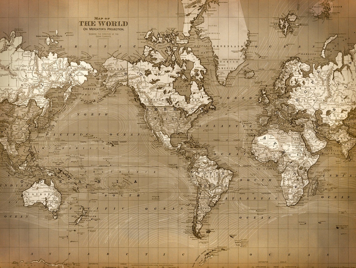 WORLD MAP Print in Aged Brownish Tones Old World Chart - Etsy