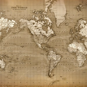 WORLD MAP Print in Aged Brownish Tones, Old World Chart, Astronomy ...