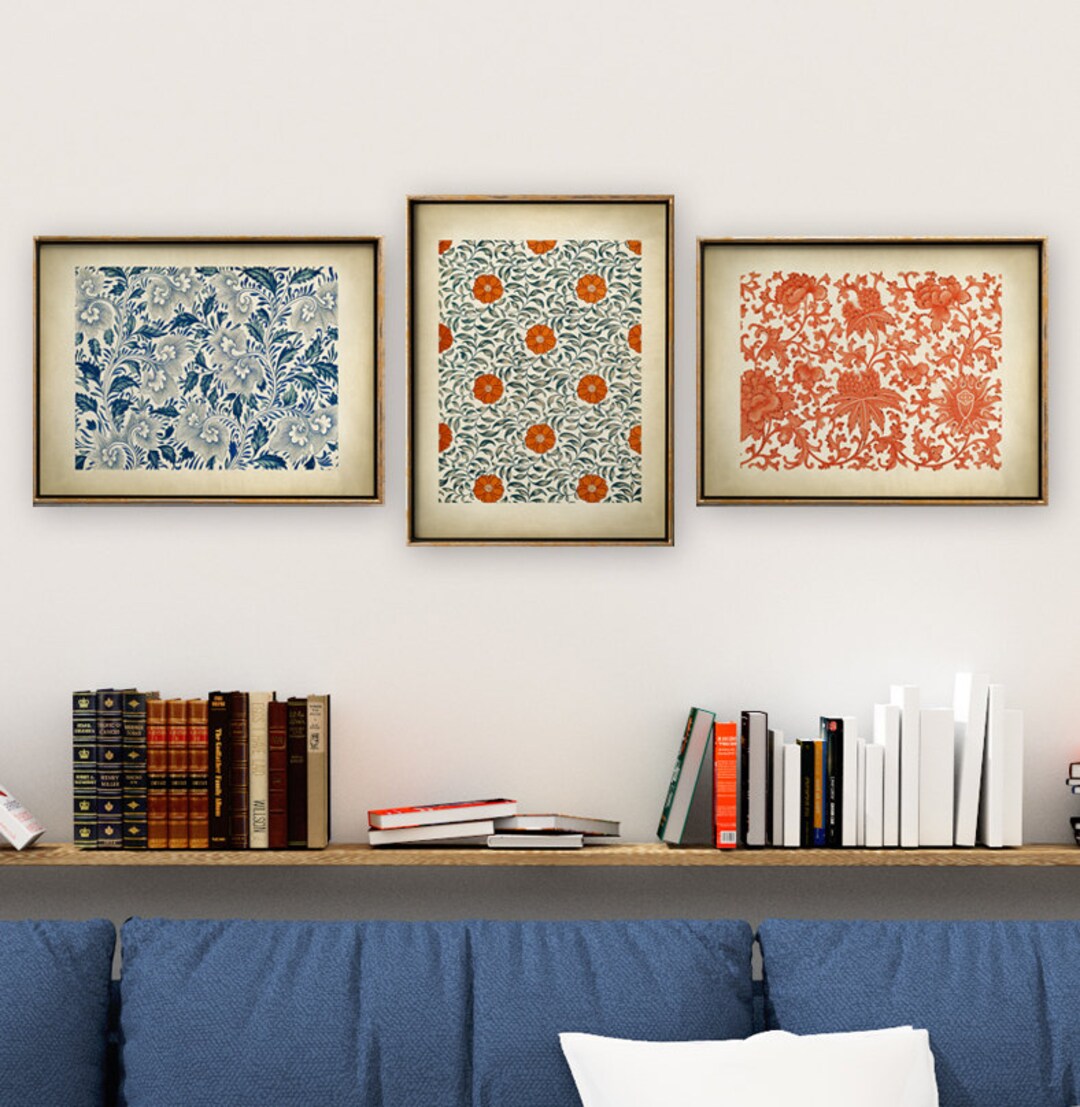 CHINESE GRAPHIC ART Print Set of 3 Prints, Elegant Blue and Orange ...