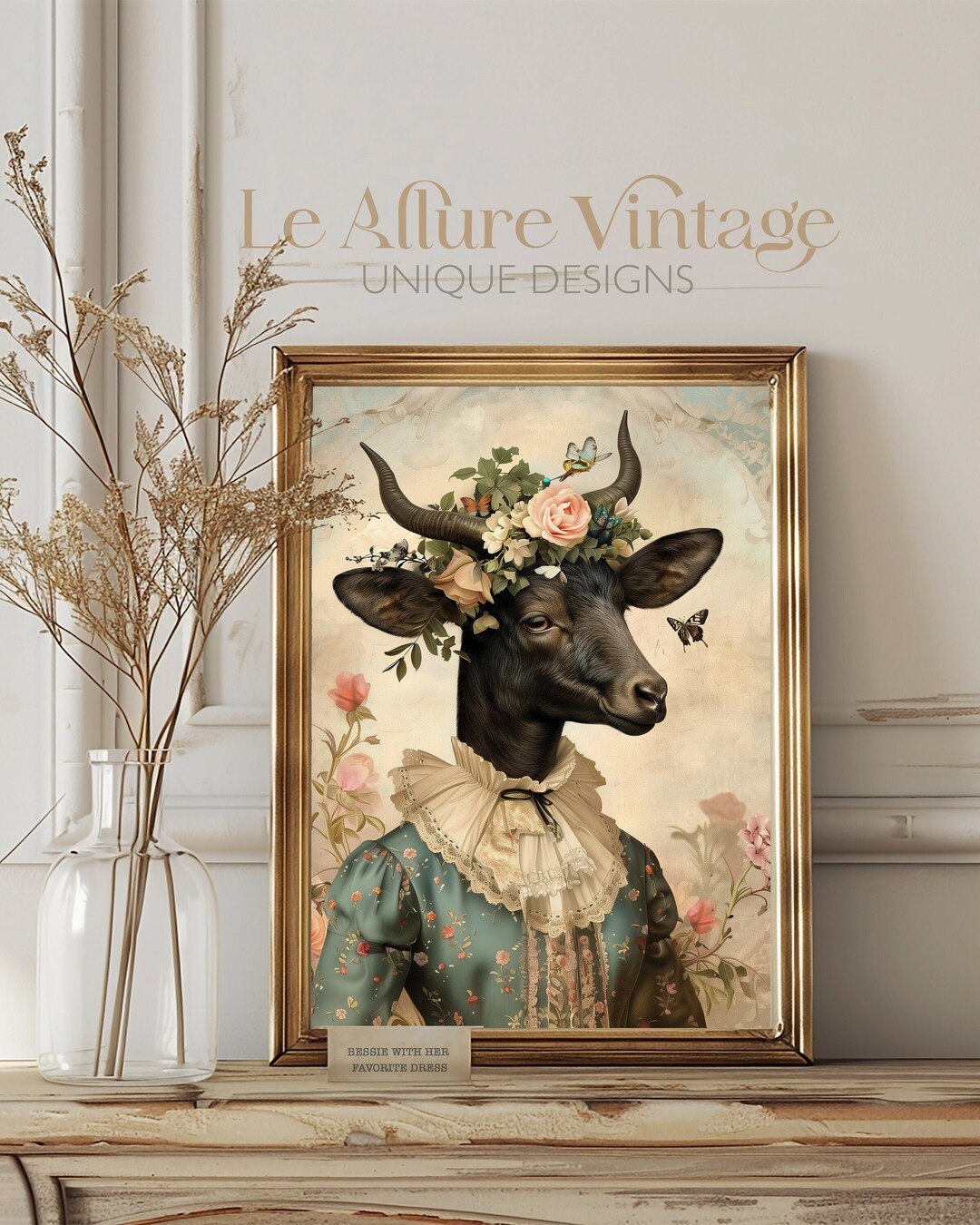 Animal Portrait Wall Art, Cow, Spring Floral Painting, Vintage ...