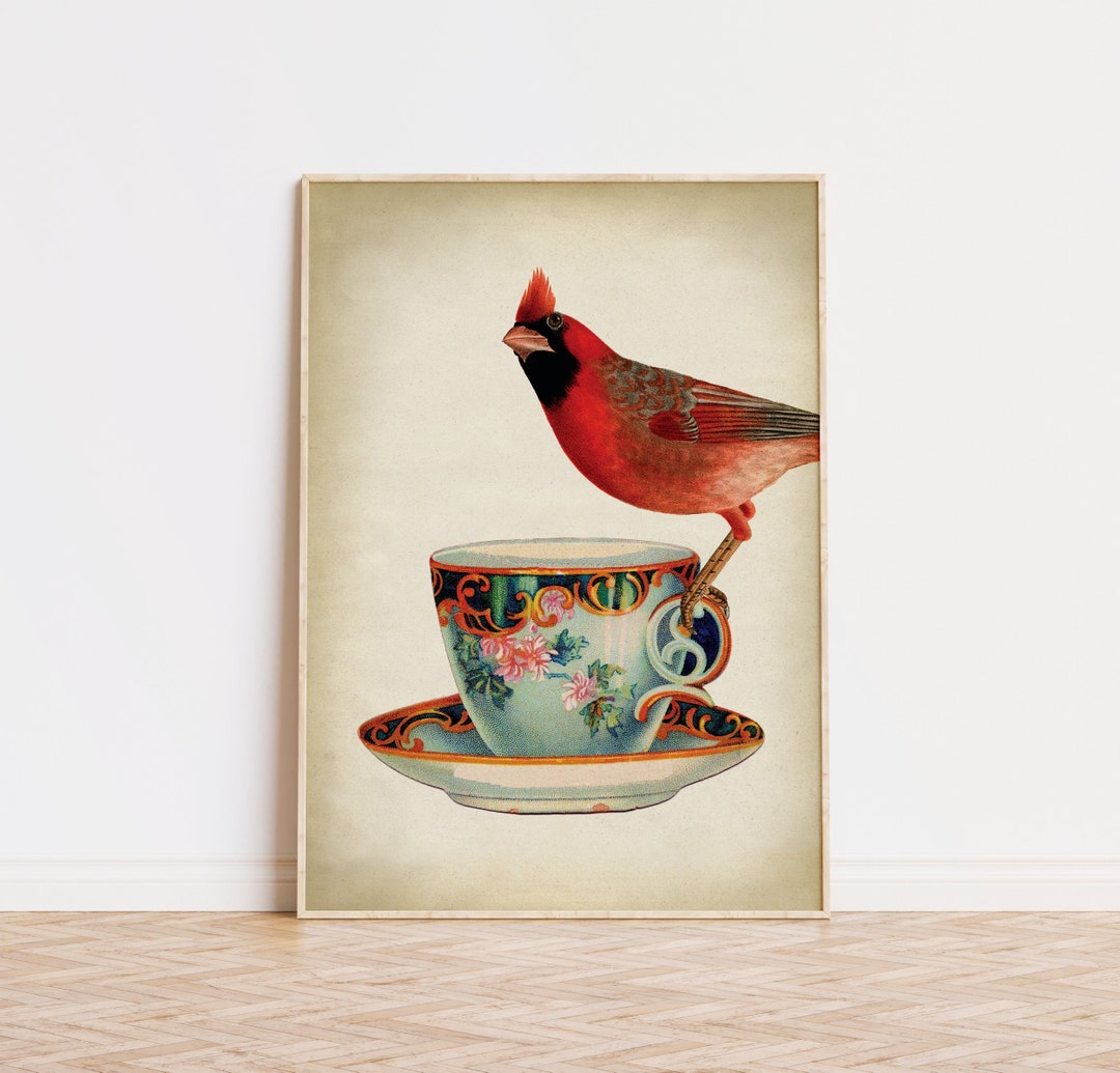 Red Bird Teacup Print: Vintage Style Bird Illustration - Etsy