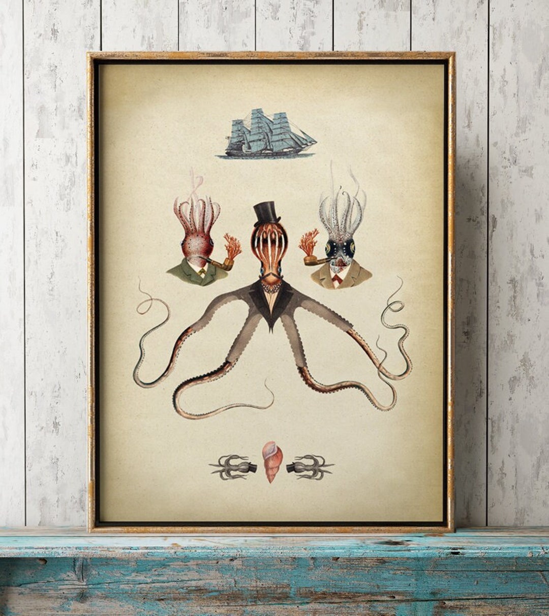Octopus Portrait Art Print, Vintage Animal Portrait, Dandy Top Hat ...