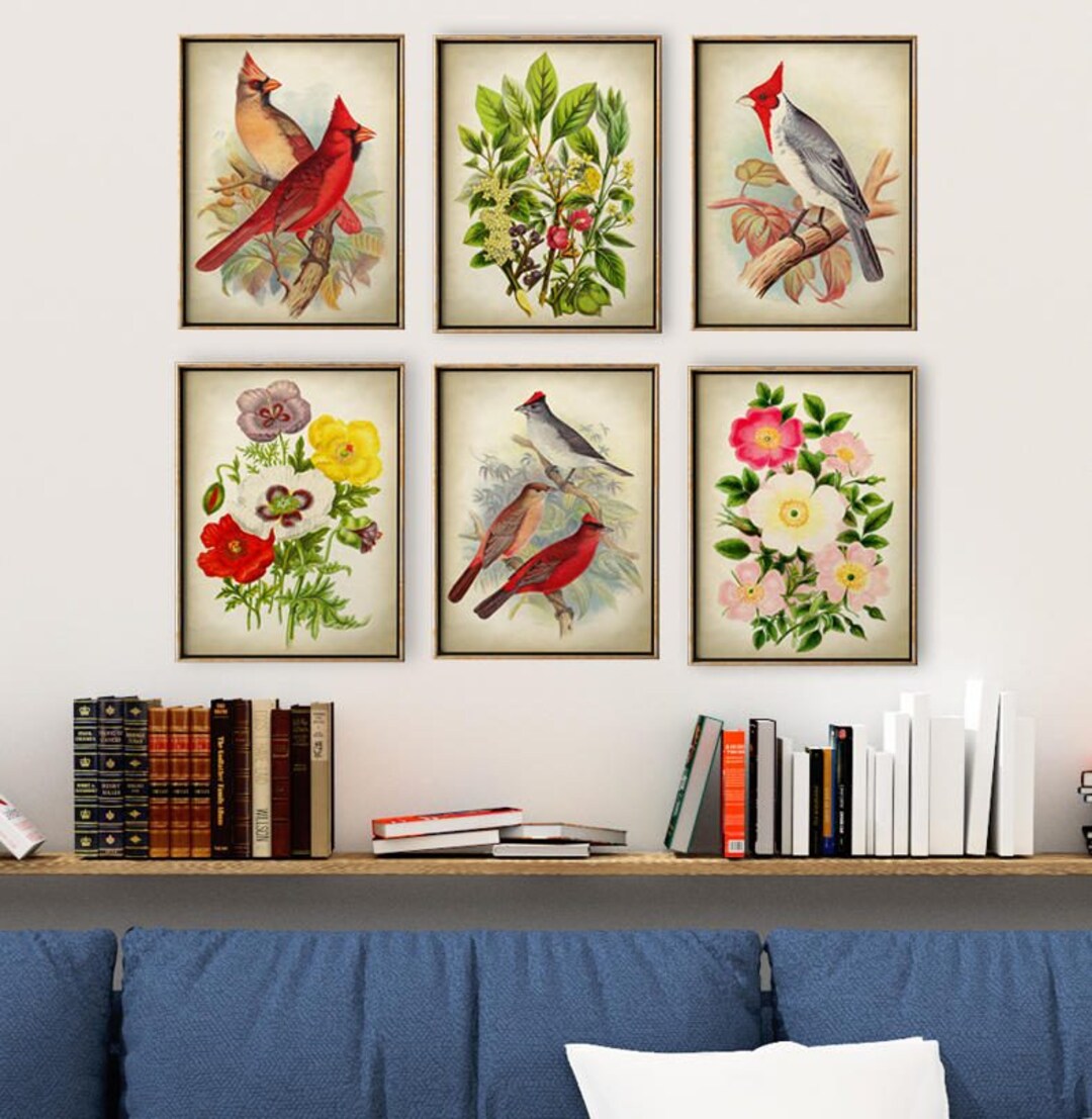 BIRDS & Flowers Print Set of 6 Art Prints, Red Bird Print, Botanical ...