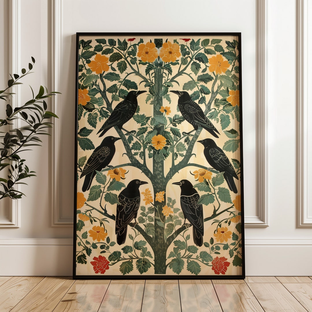 Crow Art, Crows in Floral Tree, Decorative Floral Pattern, Vintage ...