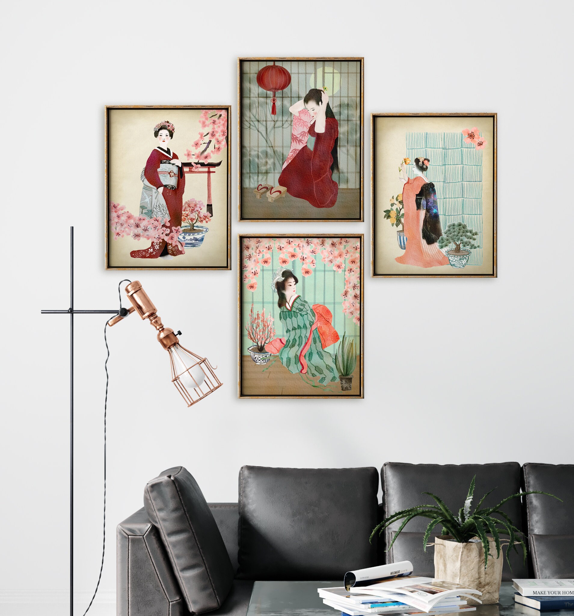 Japanese Woman Kimono Poster Set of 4 Watercolor Japanese | Etsy