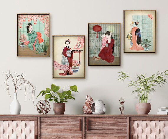Japanese Woman Kimono Poster Set of 4 Watercolor Japanese | Etsy