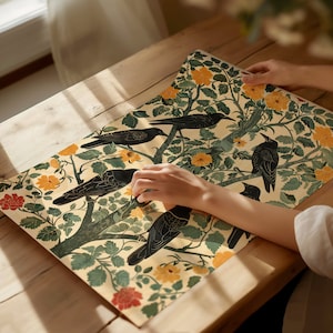 Crow Art, Crows in Floral Tree, Decorative Floral Pattern, Vintage ...