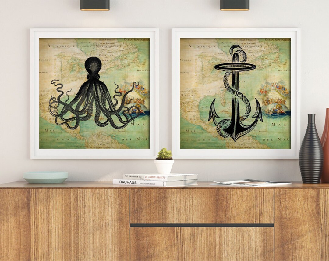 OCTOPUS and ANCHOR Sea Map Poster SET of 2, Anchor Print, Octopus Print ...