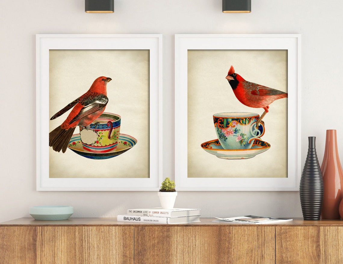 Birds Print SET of 2 Bird on a Teacup Print Bird Poster - Etsy