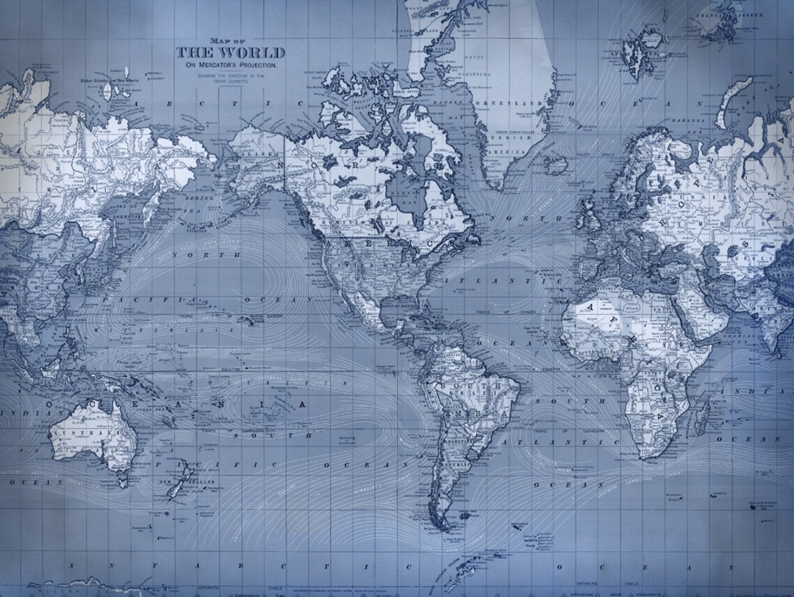WORLD MAP Print in Blue World Chart Astronomy Print Old - Etsy