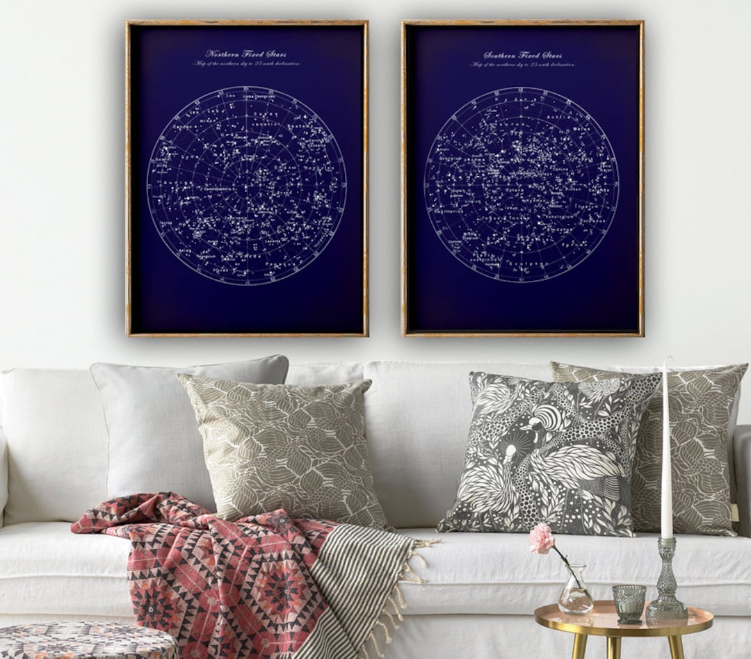 STAR Map Astronomy SET of 2, Fixed Stars Chart Print, North and South ...