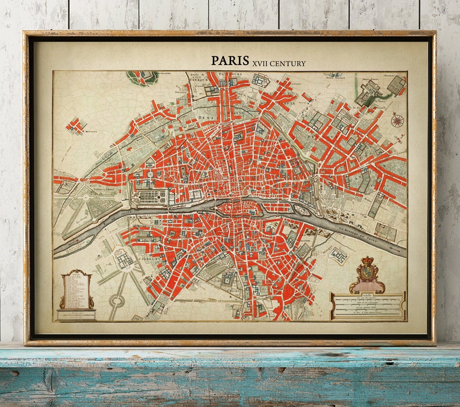 Vintage Paris City Map Art Print: Colorful French Street Map - Etsy