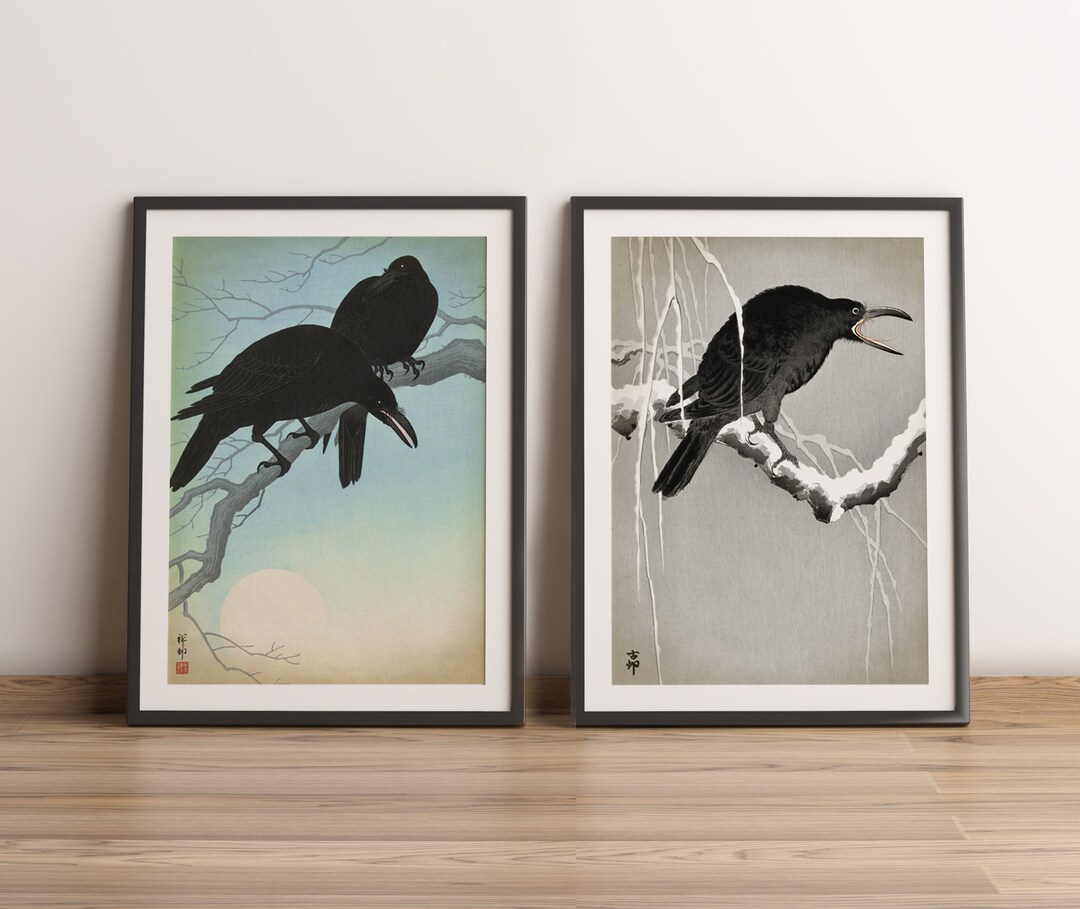 Japanese Crows Print SET of 2, Japanese Birds Art Print, Black Raven ...