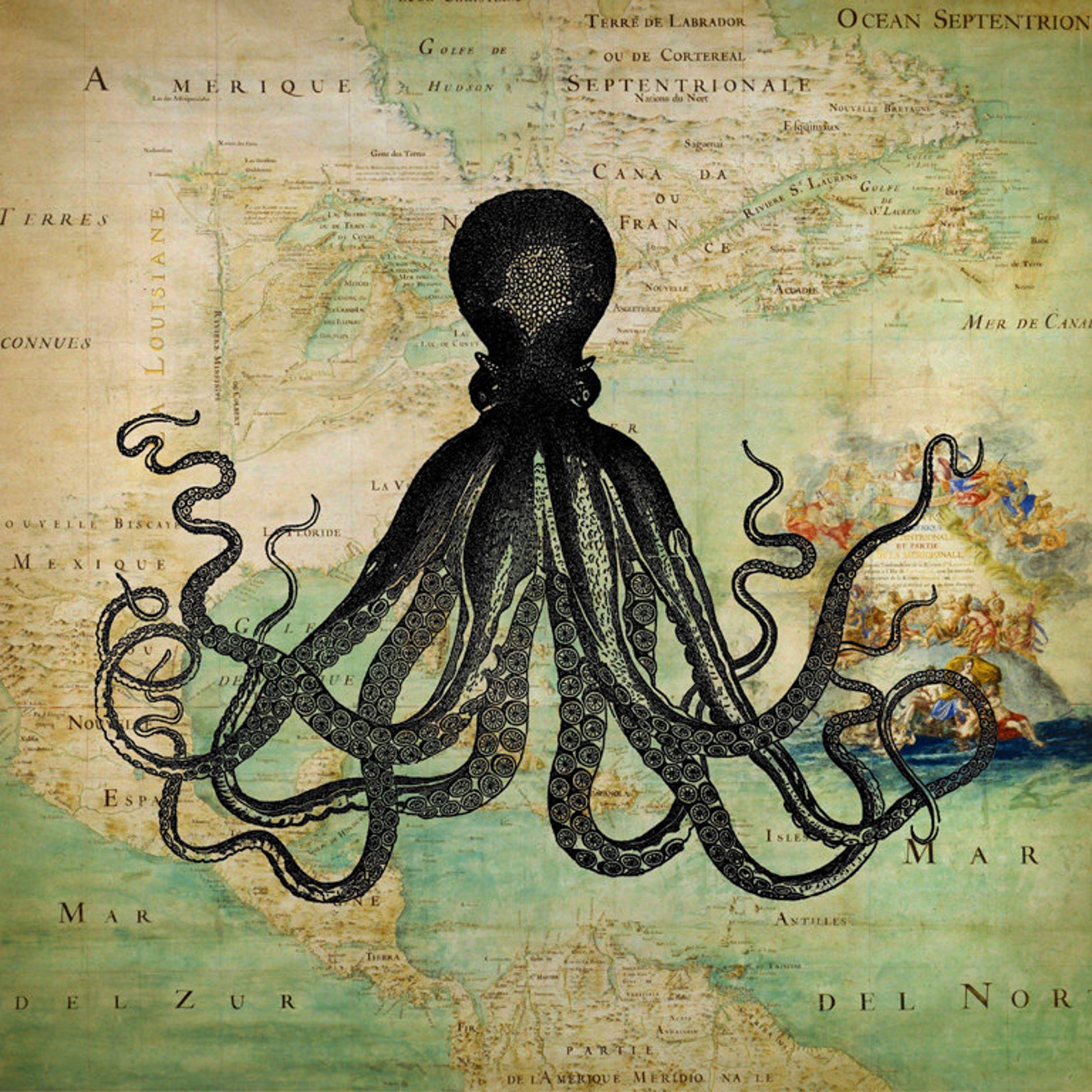 Octopus on Map Poster Octopus in Map Print Sea Map Octopus - Etsy