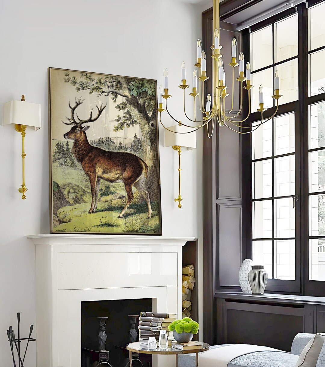 Deer Print, Bucolic Deer Landscape Poster, Forest Animal Painting ...