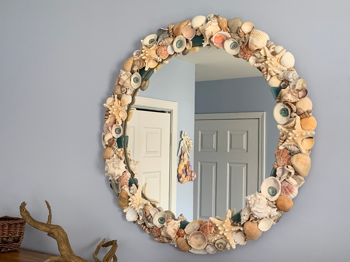Seashell Starfish Mirror Wall Decor / Coastal Wall Decor Green - Etsy