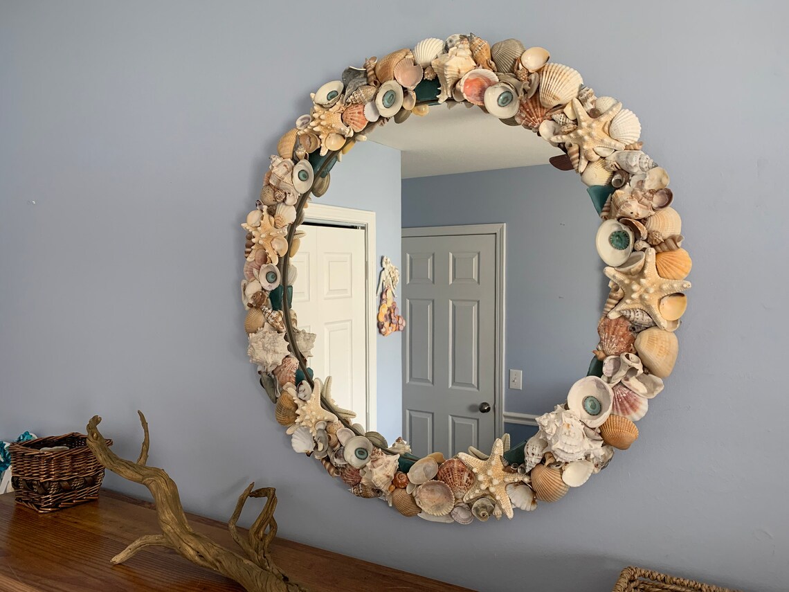 Seashell Starfish Mirror Wall Decor / Coastal Wall Decor Green - Etsy