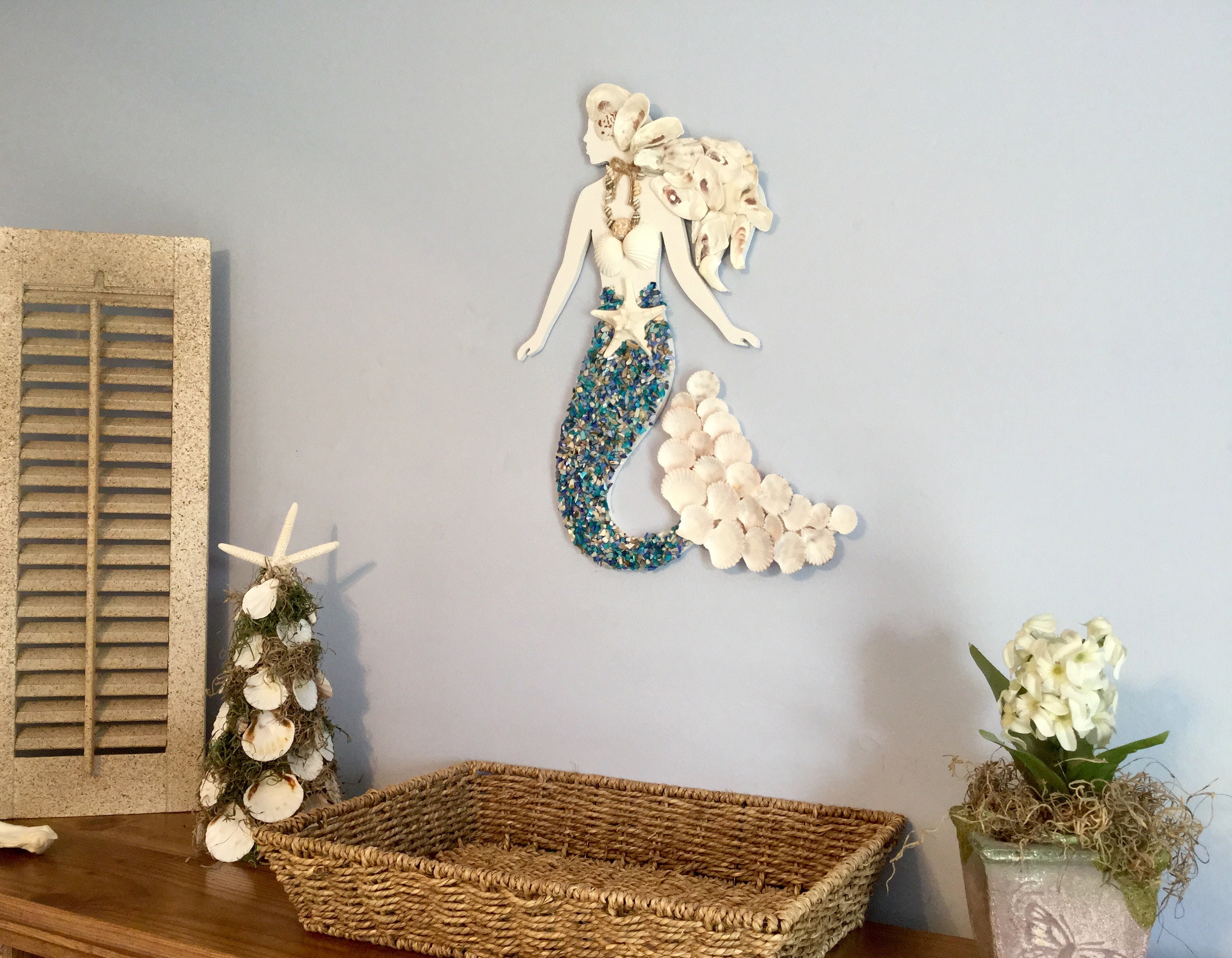 Seashell Mermaid Wall Decor / Blue Sea Glass Mermaid - Etsy Brazil