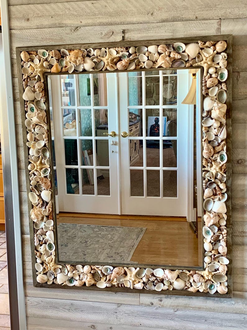 Seashell Mirror on Reclaimed Driftwood Frame: Large Beach House Mirror ...