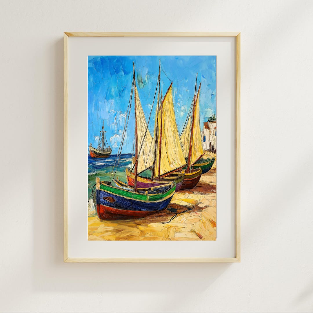 Sailboats on the Beach, Colourful Boats Art Printable, Van Gogh Style ...