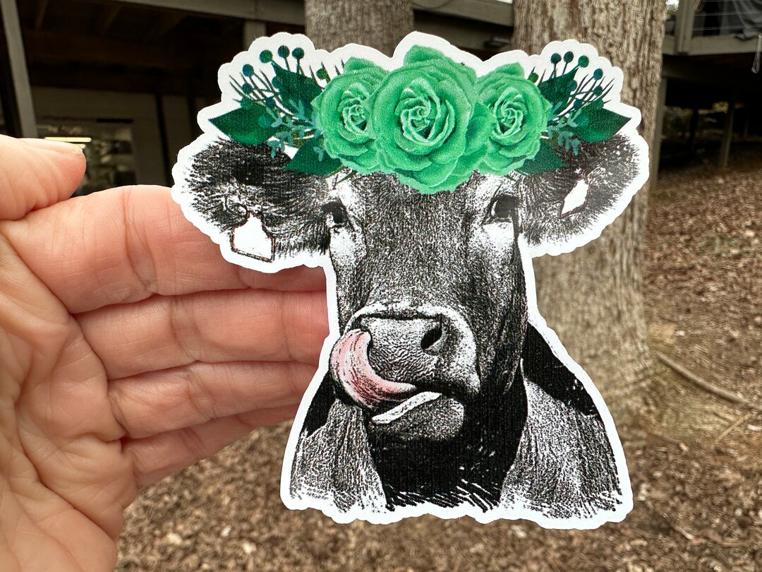 Sticker 50-O Heifer Cow W/ Tongue Licking Nose and Mint Green Flowers ...