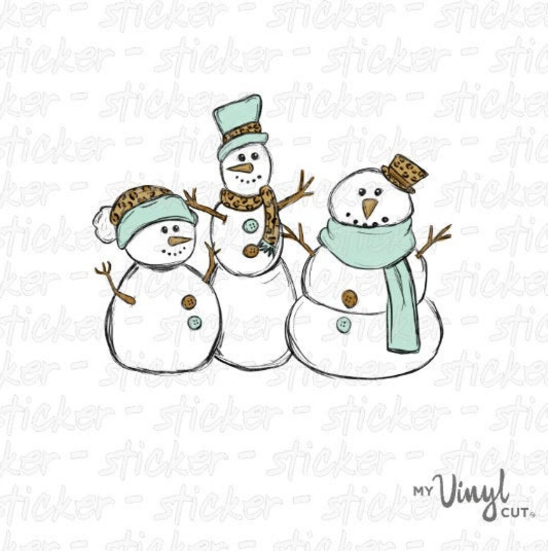 Sticker 26C 3 Snowmen W/ Leopard and Mint Green Hats and Scarves Decal ...