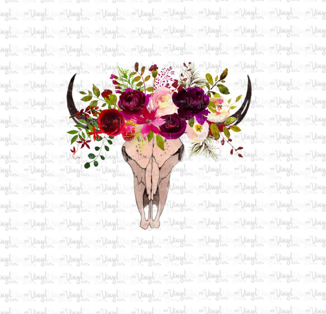 Sublimation Transfer Cow Skull With Burgundy Flowers Image Press at ...
