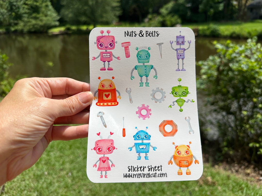 Sticker Sheet Set of STATIC CLINGS Robots Nuts and Bolts 1 Inch Decals ...