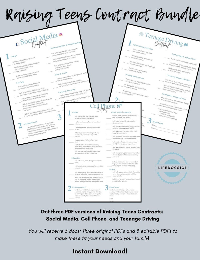 Raising Teens Bundle, Teen Contracts, Cell Phone, Social Media, Driving ...